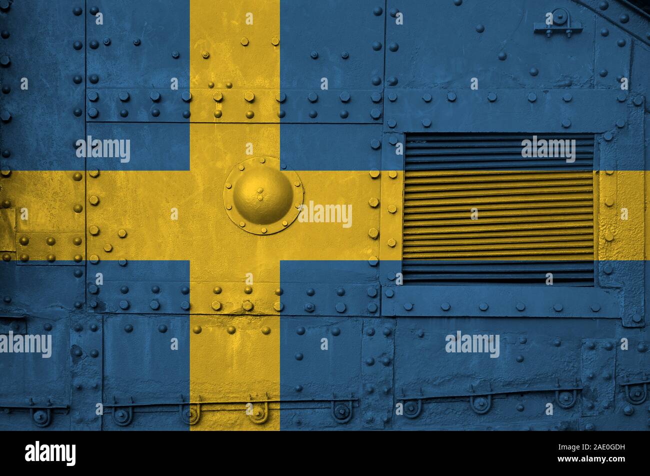 Sweden flag depicted on side part of military armored tank close up ...