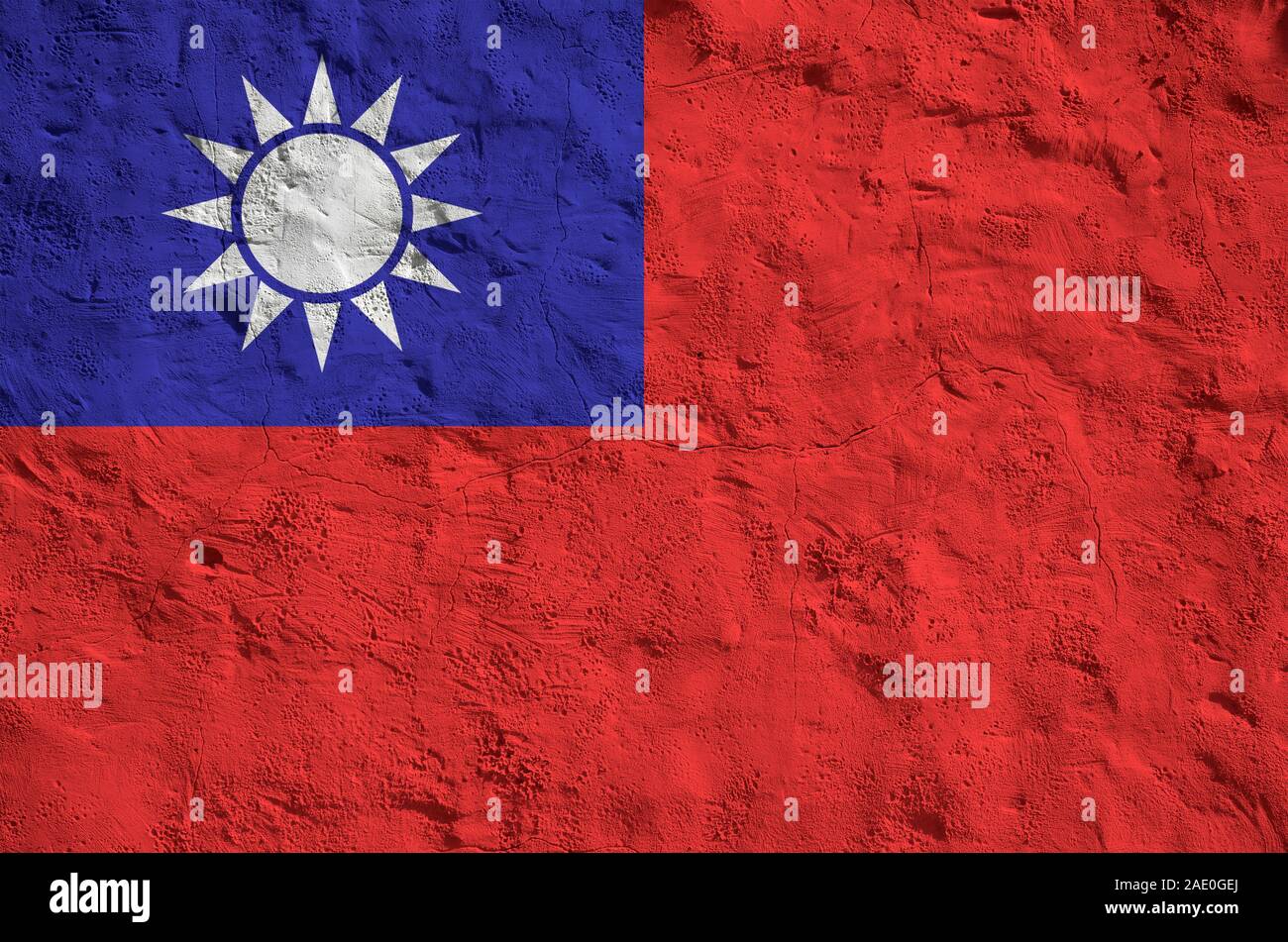 Taiwan flag depicted in bright paint colors on old relief plastering ...