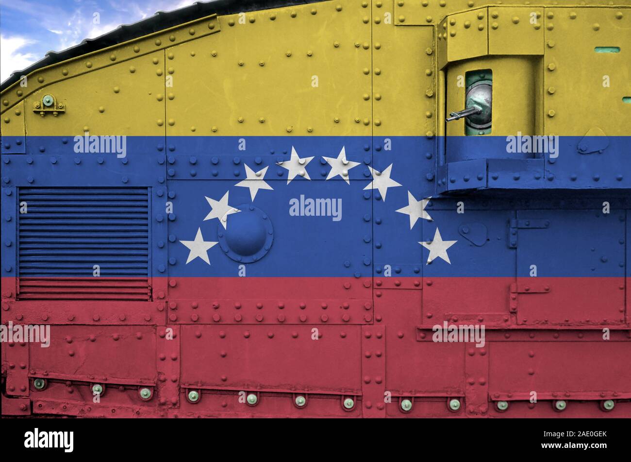 Venezuela flag depicted on side part of military armored tank close up ...