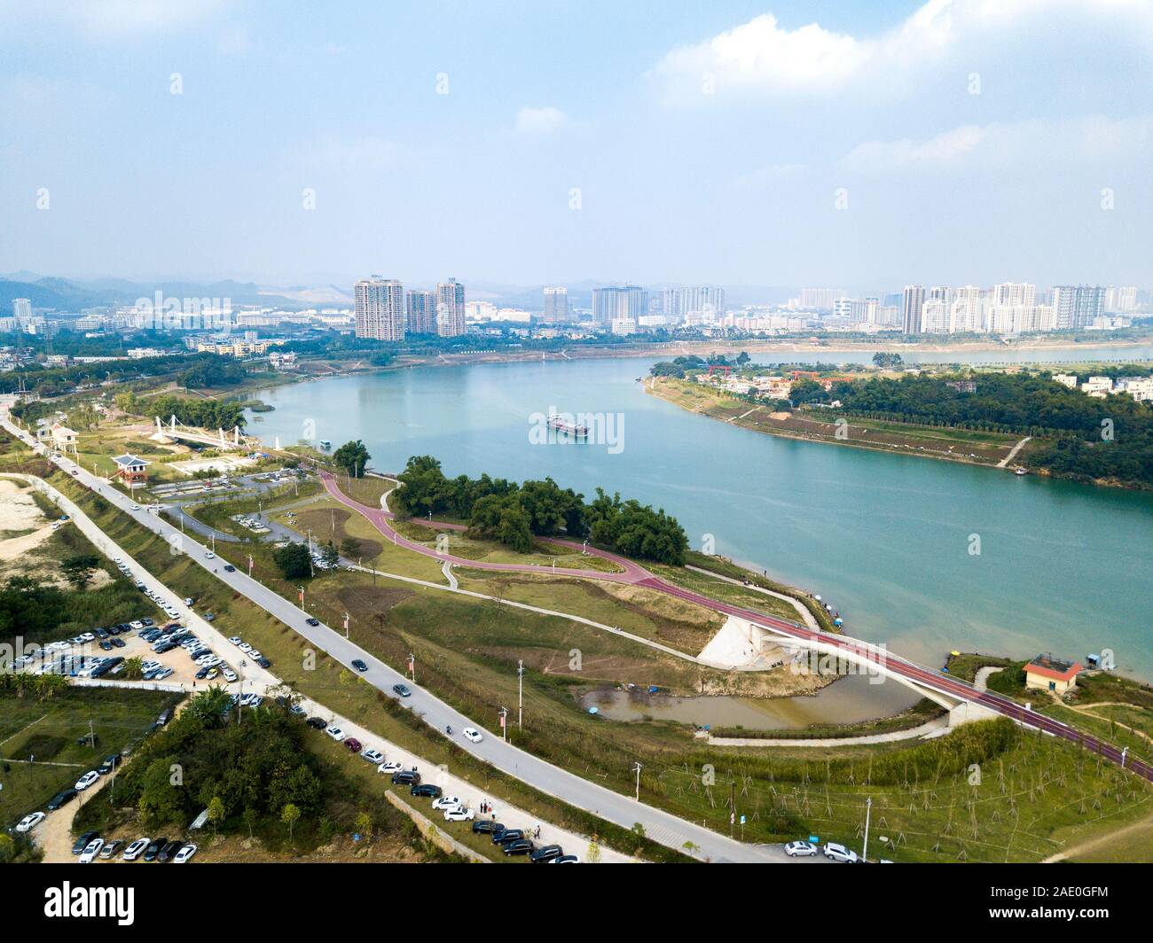 Aerial photography of high-rise buildings in the river basin and ...