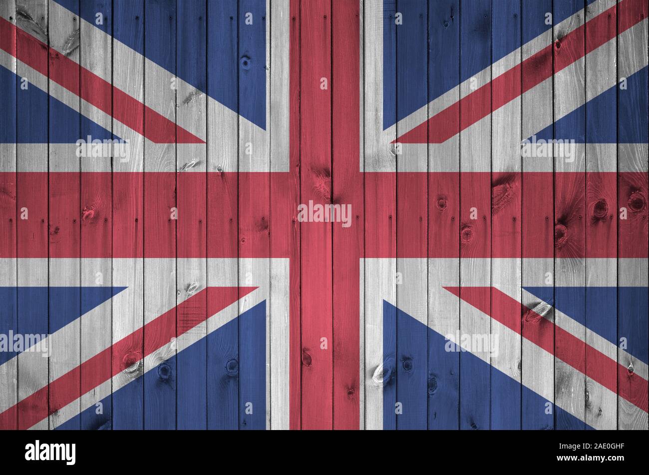 Great britain flag depicted in bright paint colors on old wooden wall ...
