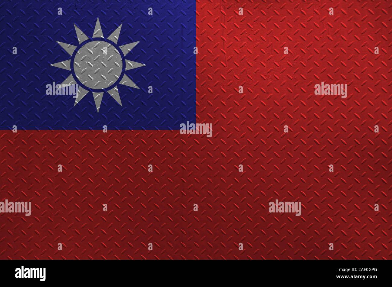 Taiwan flag depicted in paint colors on old brushed metal plate or wall ...