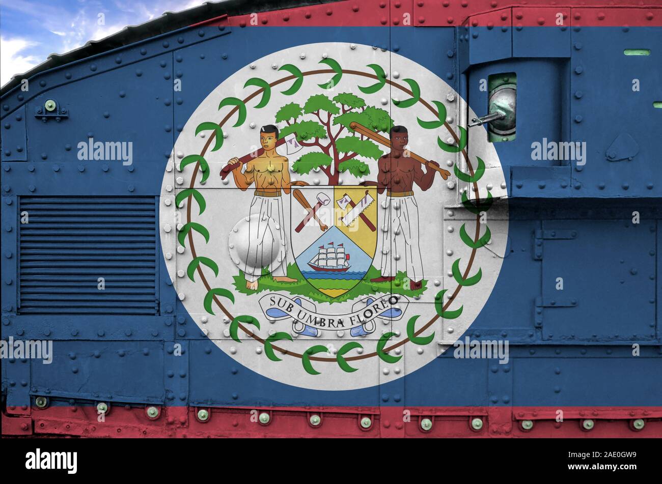 Belize flag depicted on side part of military armored tank close up ...