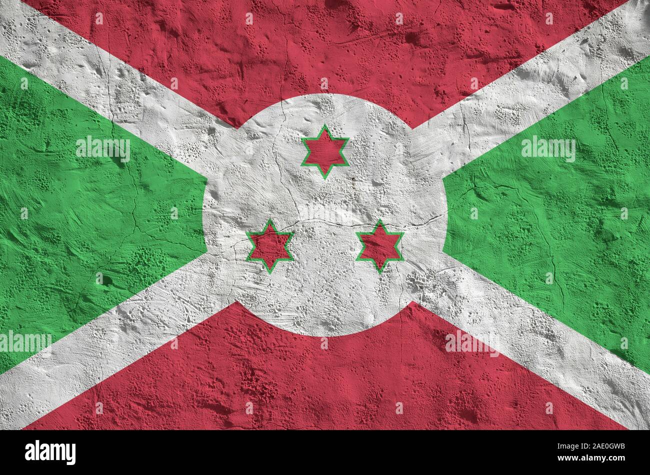 Burundi flag depicted in bright paint colors on old relief plastering ...