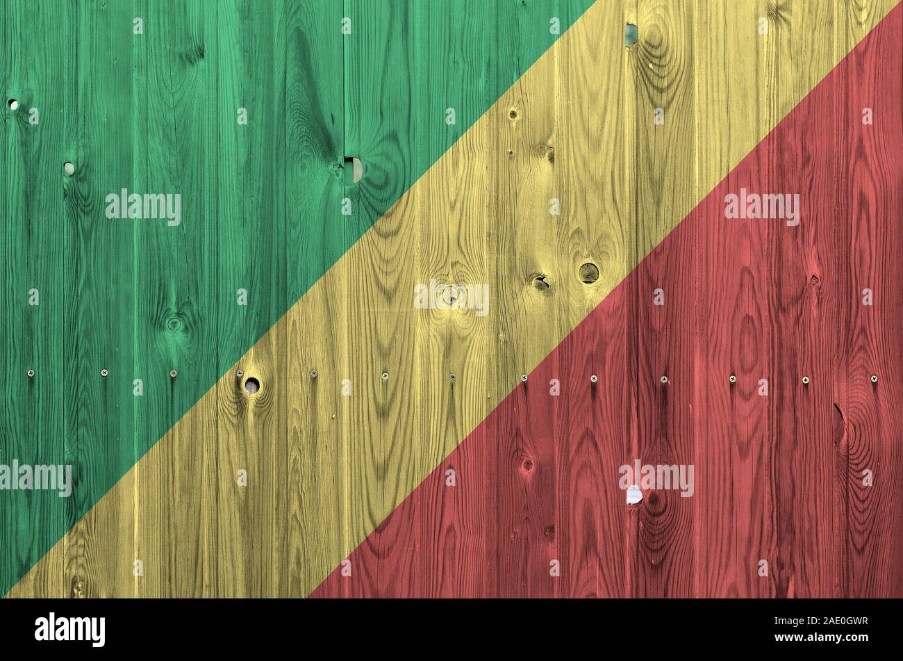 Congo flag depicted in bright paint colors on old wooden wall close up ...