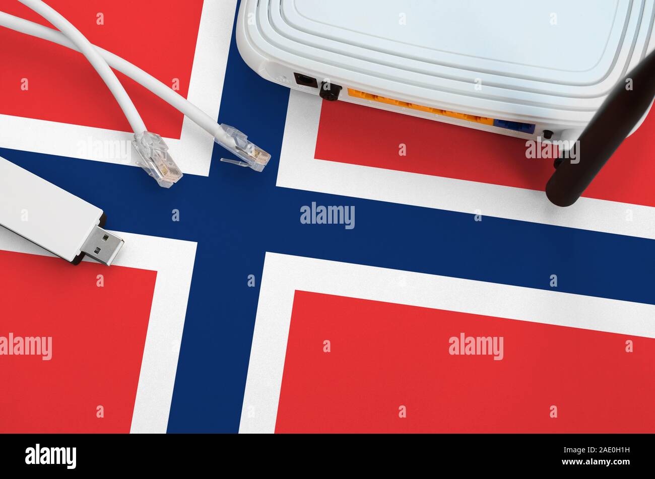 Norway flag depicted on table with internet rj45 cable, wireless usb wi ...