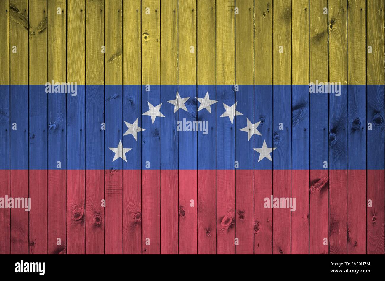 Venezuela flag depicted in bright paint colors on old wooden wall close ...