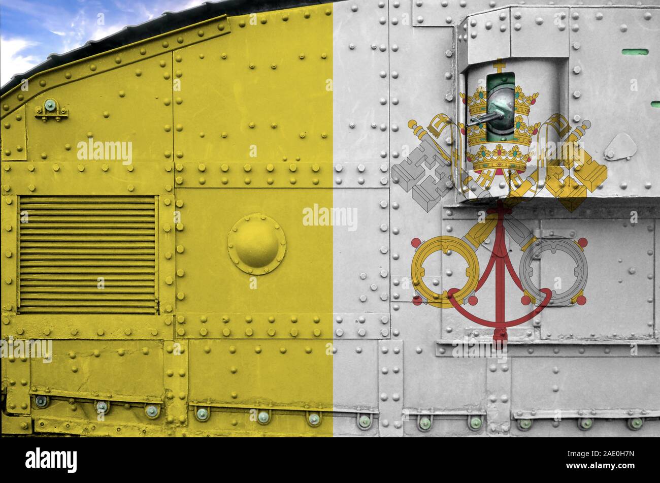 Vatican City State flag depicted on side part of military armored tank ...