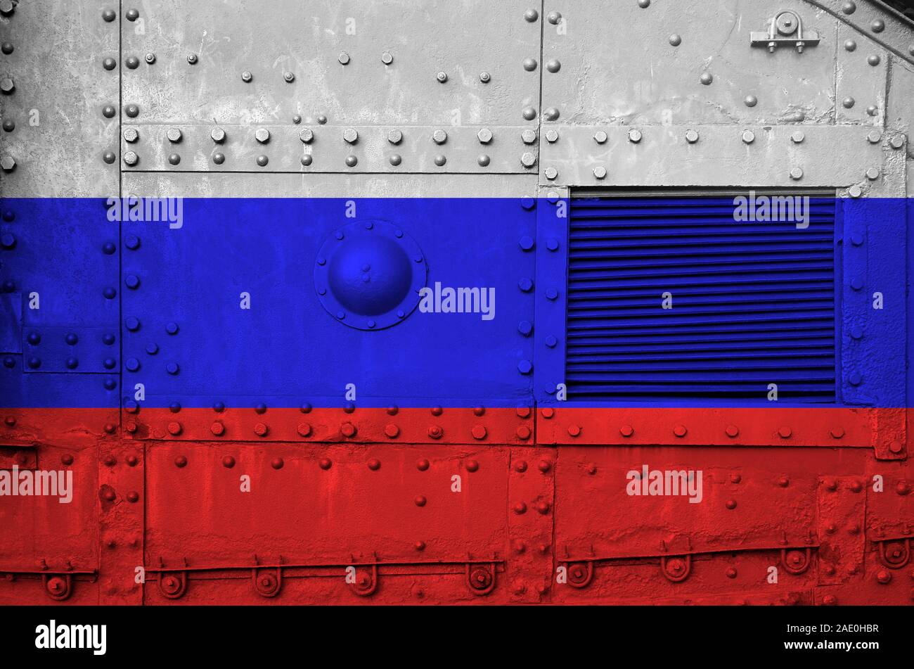 Russia flag depicted on side part of military armored tank close up ...