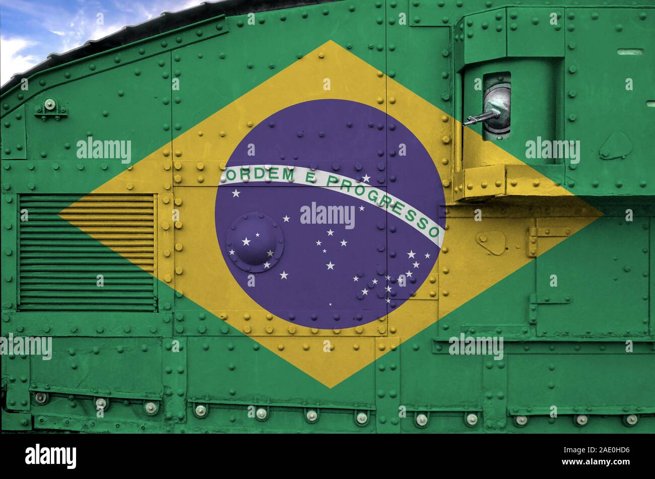 Brazil flag depicted on side part of military armored tank close up ...