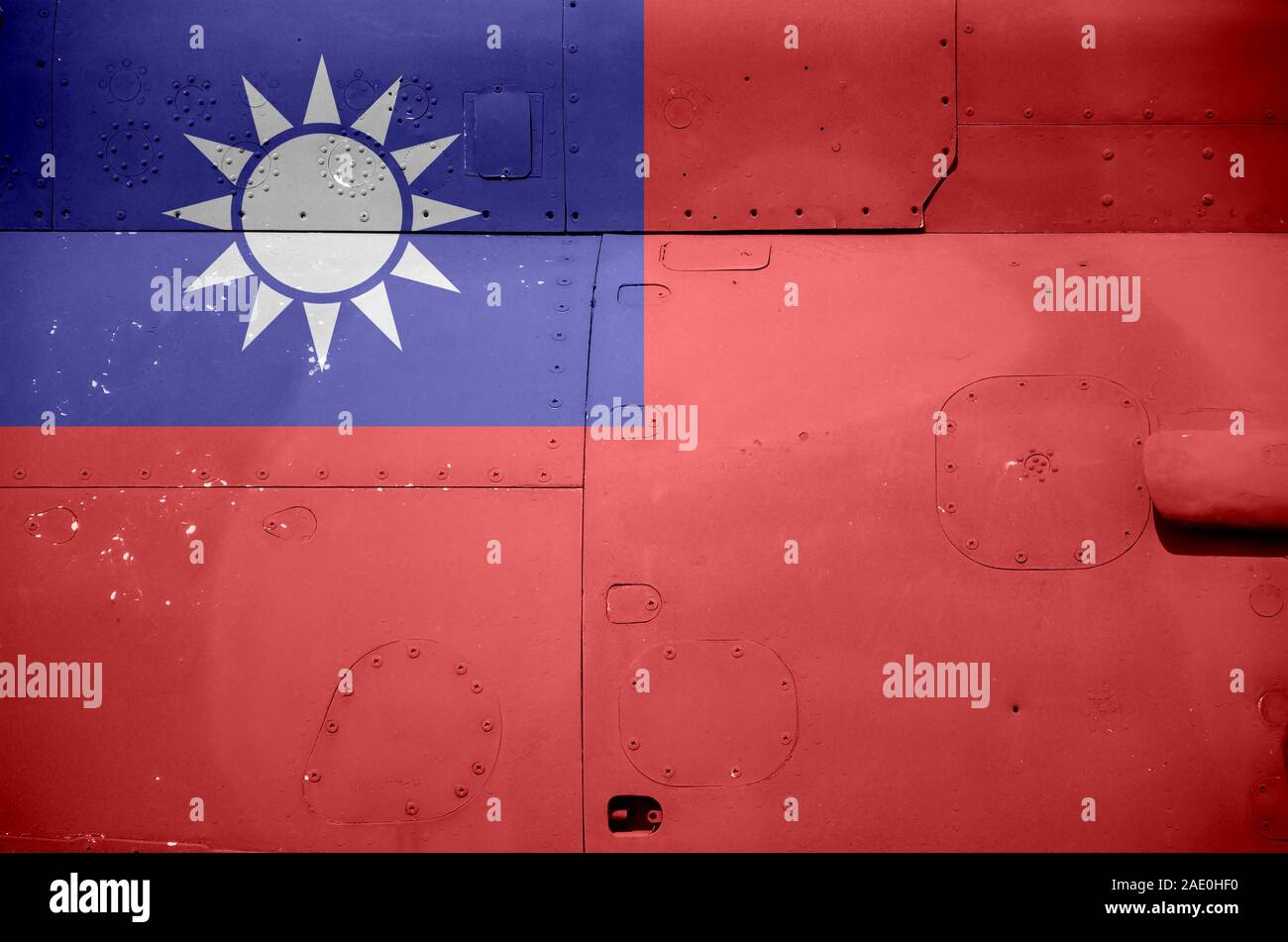 Taiwan flag depicted on side part of military armored helicopter close ...