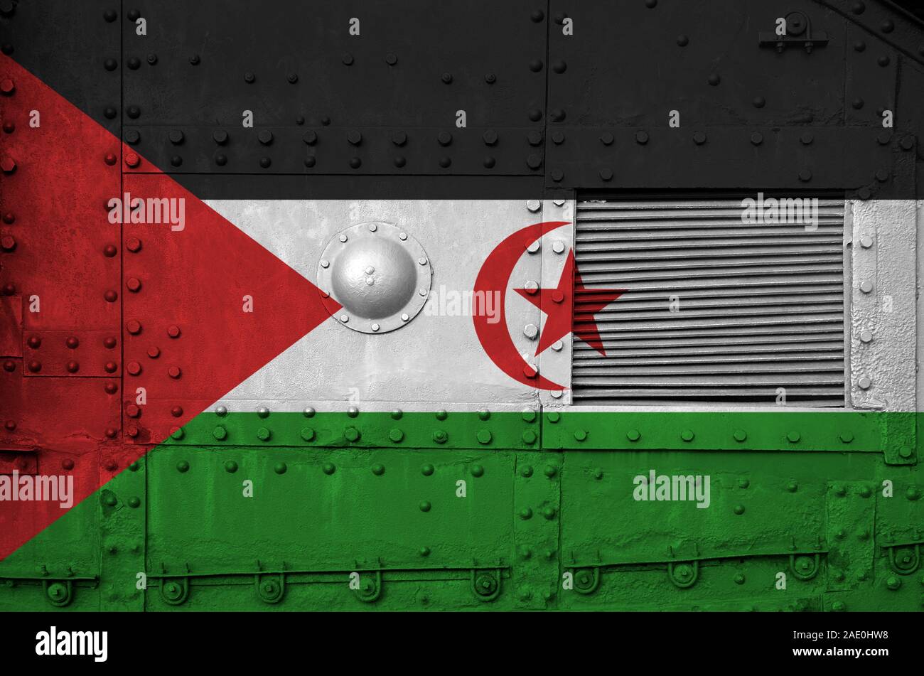 Western Sahara flag depicted on side part of military armored tank ...