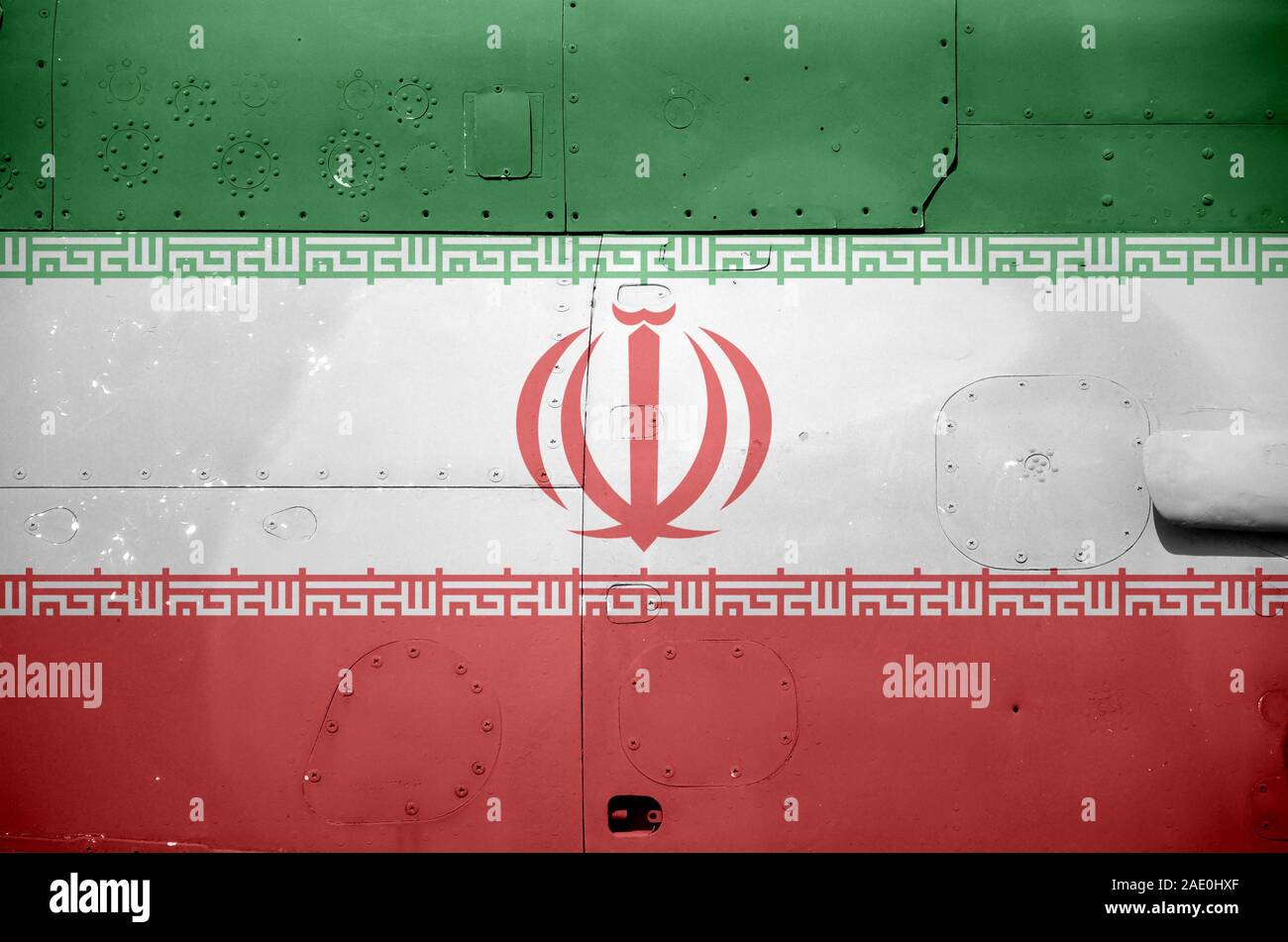 Iran flag depicted on side part of military armored helicopter close up ...