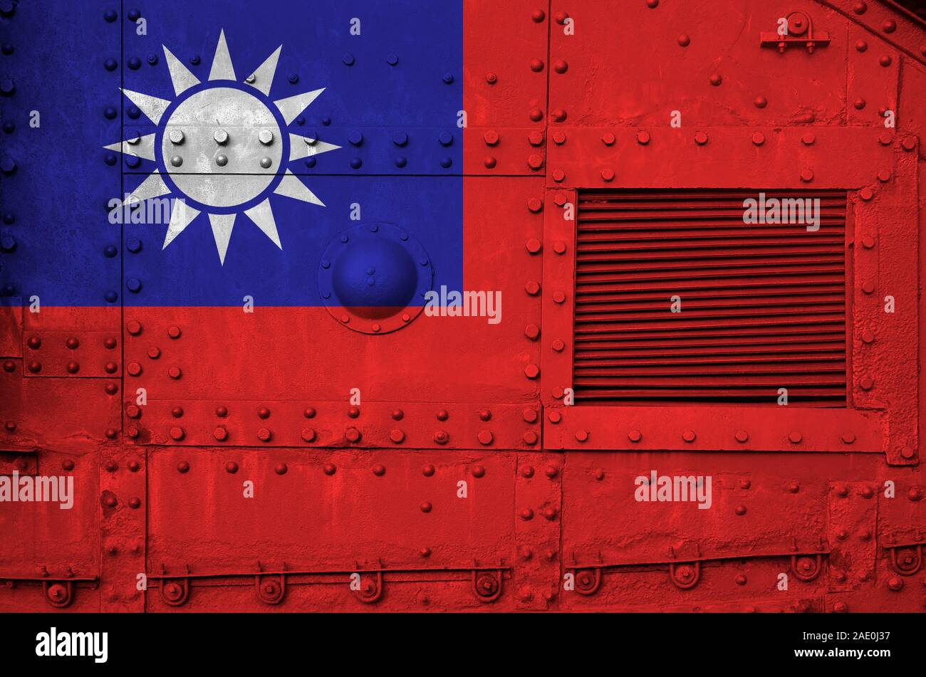Taiwan flag depicted on side part of military armored tank close up ...