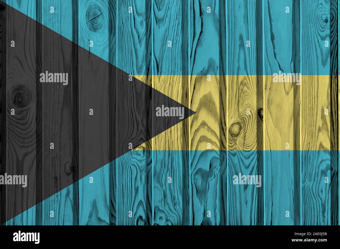 Bahamas flag depicted in bright paint colors on old wooden wall close ...