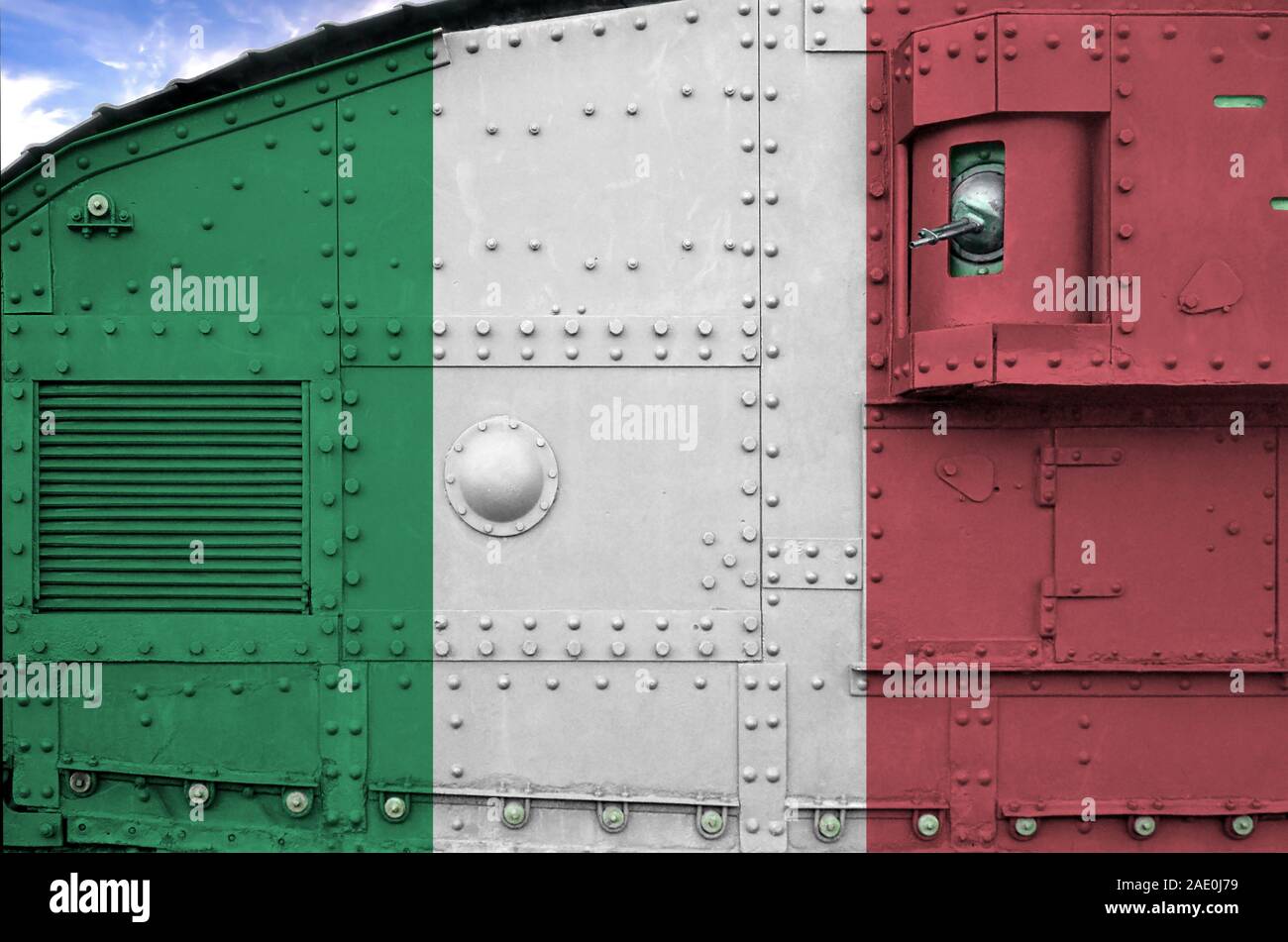 Italy flag depicted on side part of military armored tank close up ...