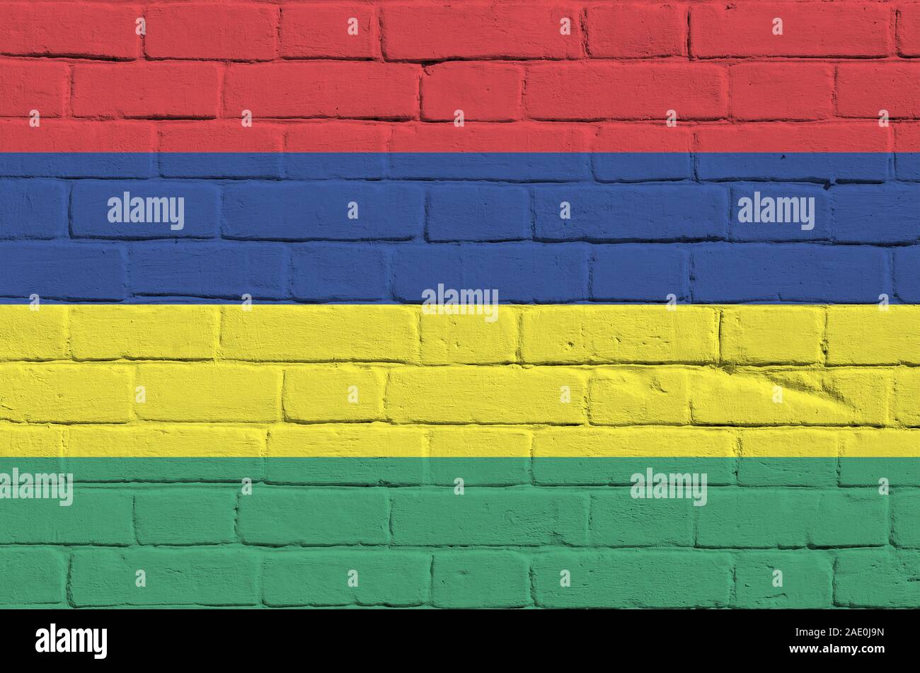 Mauritius flag depicted in paint colors on old brick wall close up ...