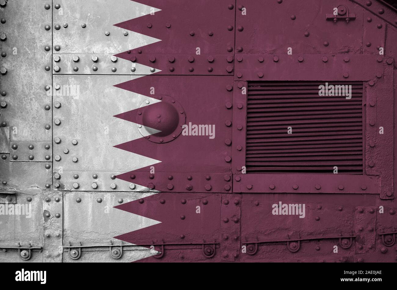 Qatar flag depicted on side part of military armored tank close up ...