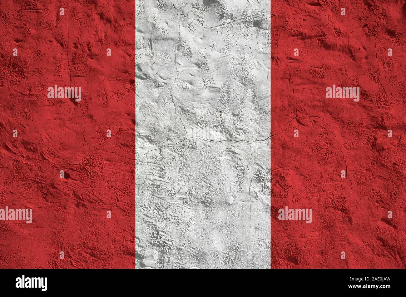 Peru flag depicted in bright paint colors on old relief plastering wall ...