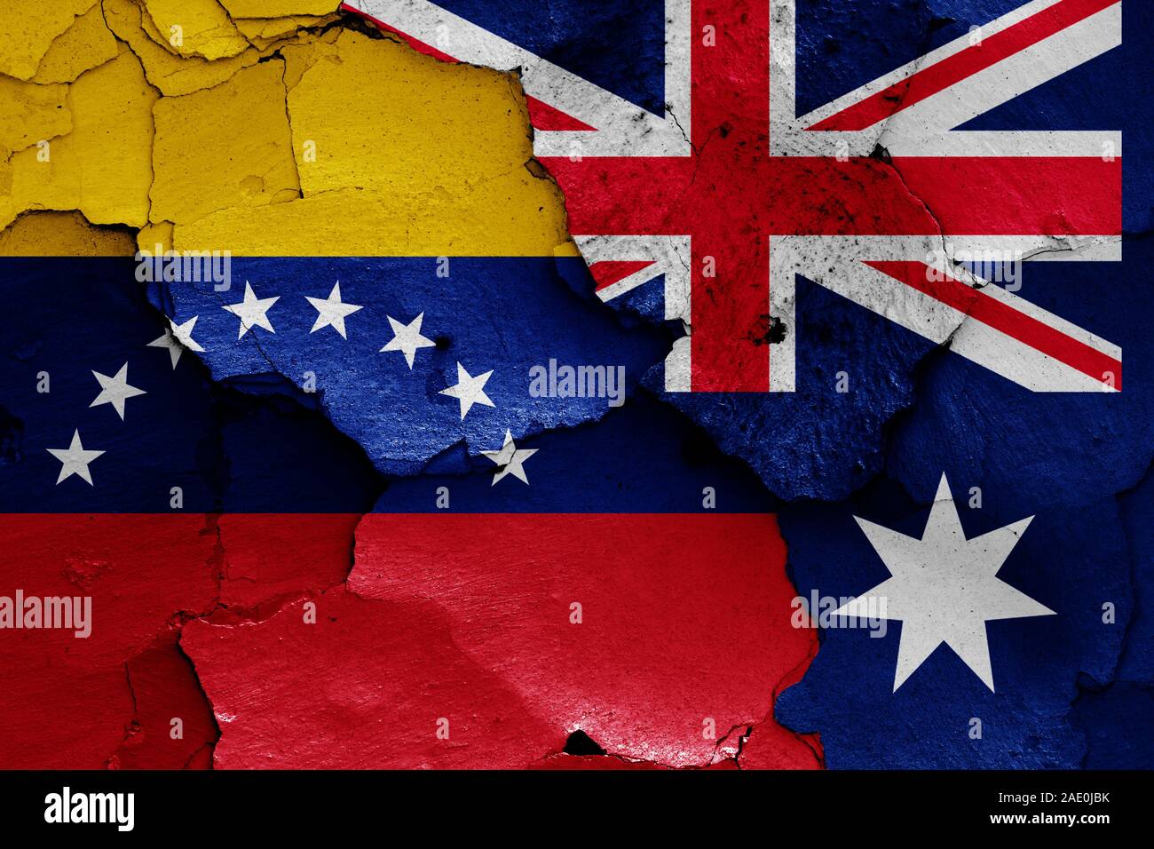 flags of Venezuela and Australia painted on cracked wall Stock Photo ...