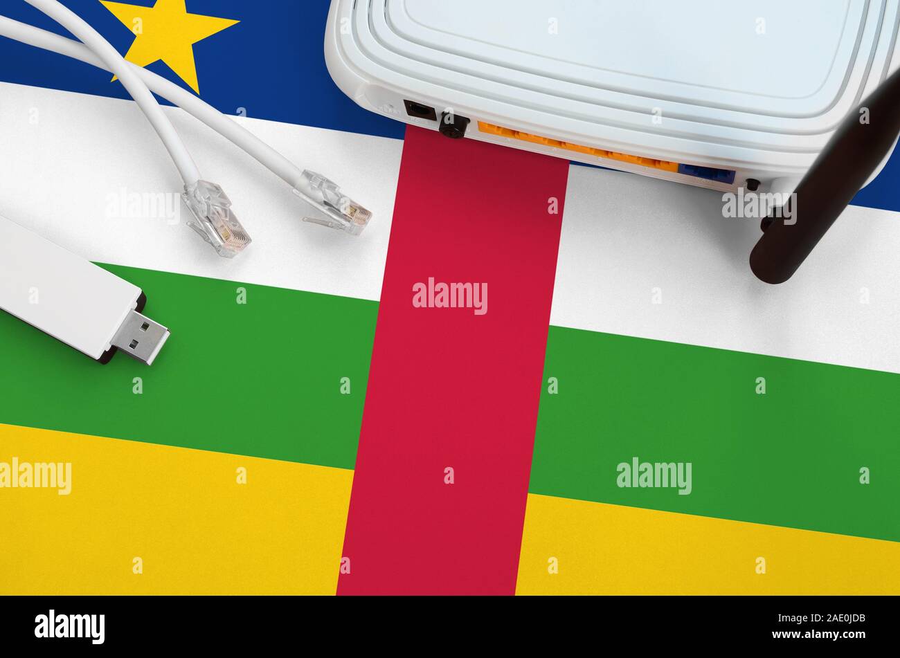 Central African Republic flag depicted on table with internet rj45 ...
