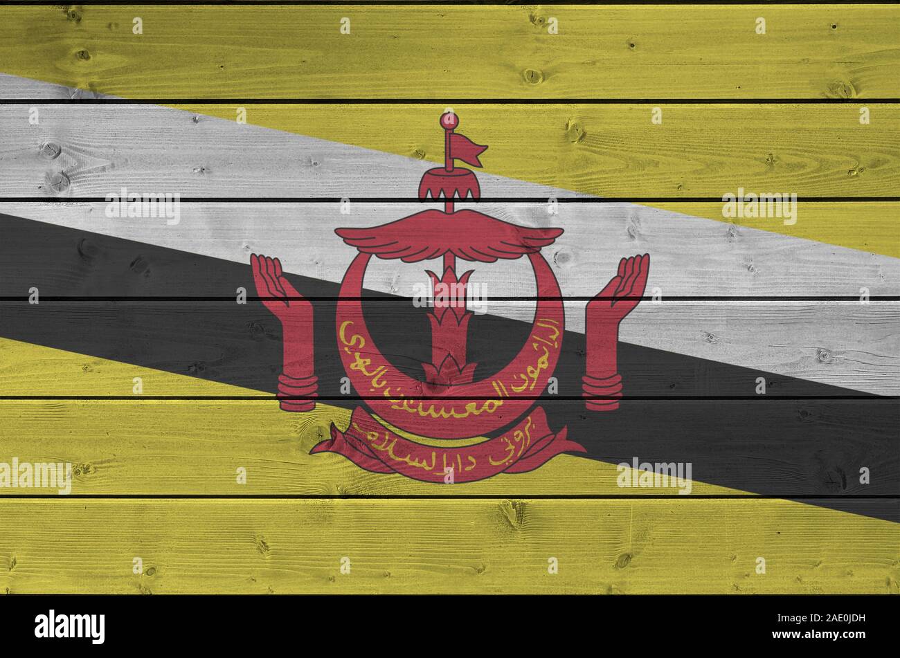 Brunei Darussalam flag depicted in bright paint colors on old wooden ...