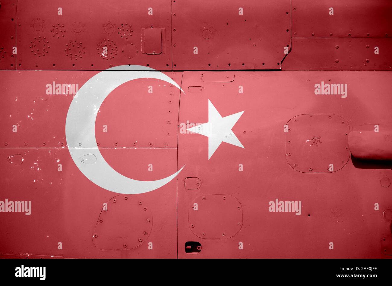 Turkey flag depicted on side part of military armored helicopter close ...