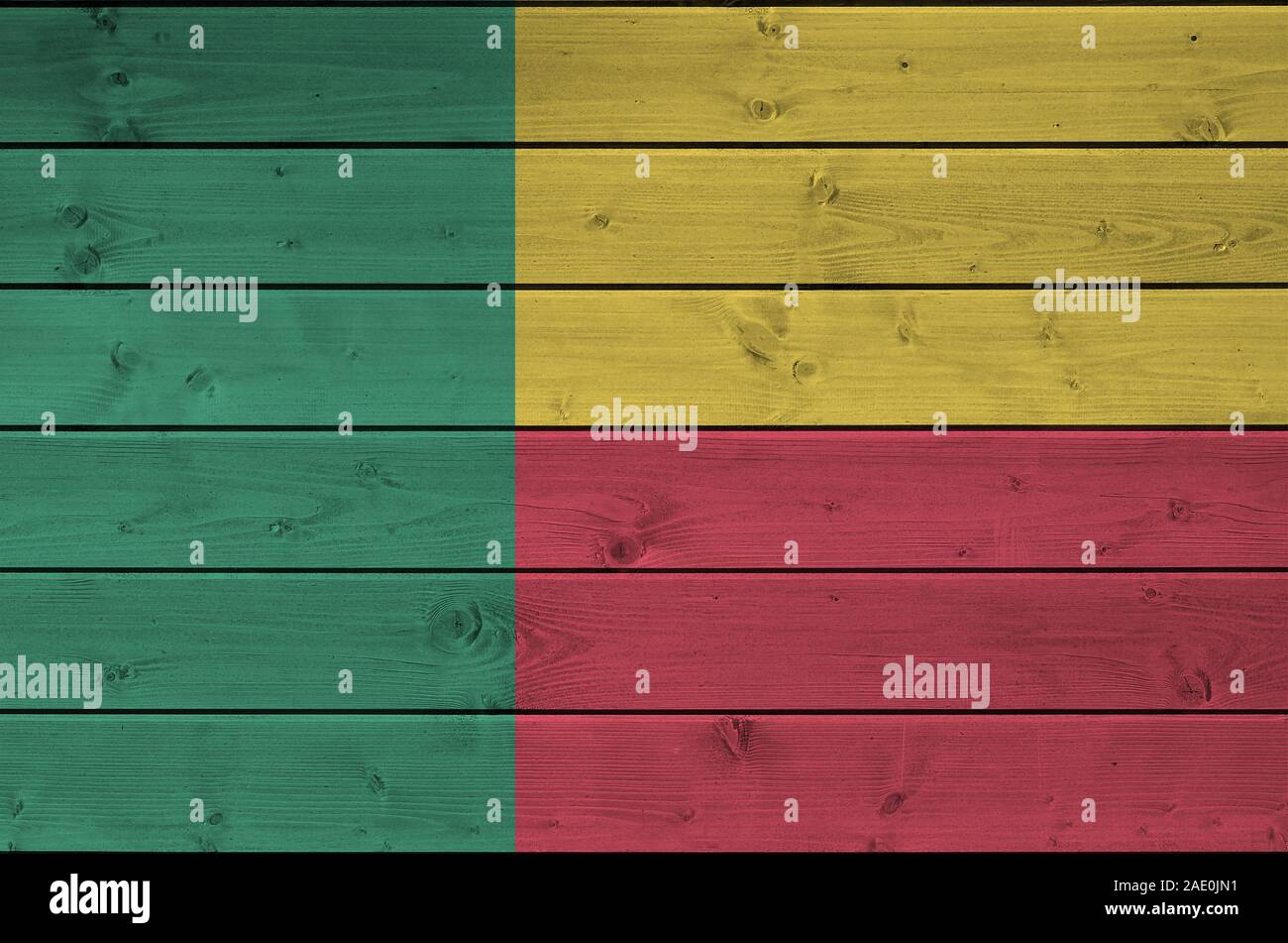 Benin flag depicted in bright paint colors on old wooden wall close up ...