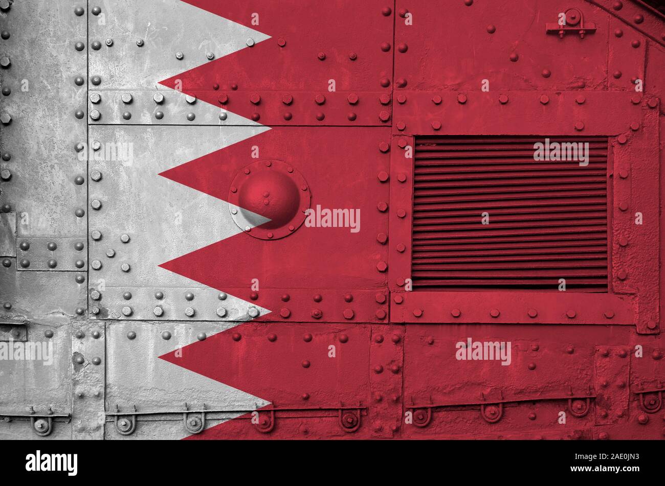 Bahrain flag depicted on side part of military armored tank close up ...