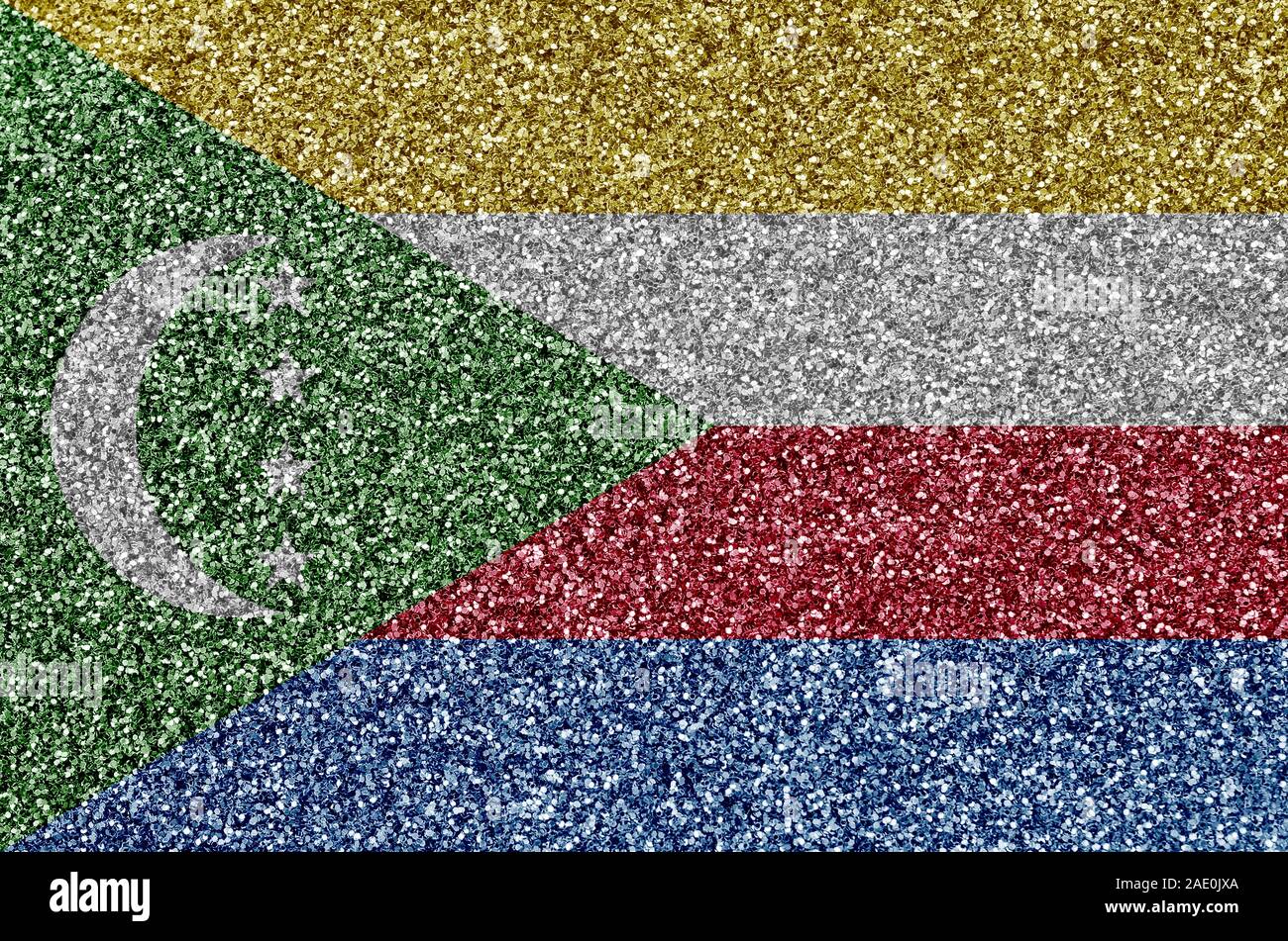 Comoros flag depicted on many small shiny sequins. Colorful festival ...