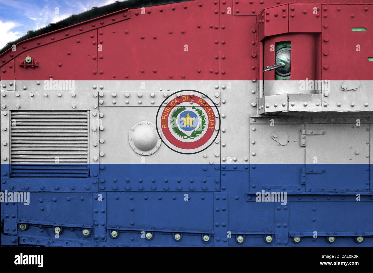 Paraguay flag depicted on side part of military armored tank close up ...