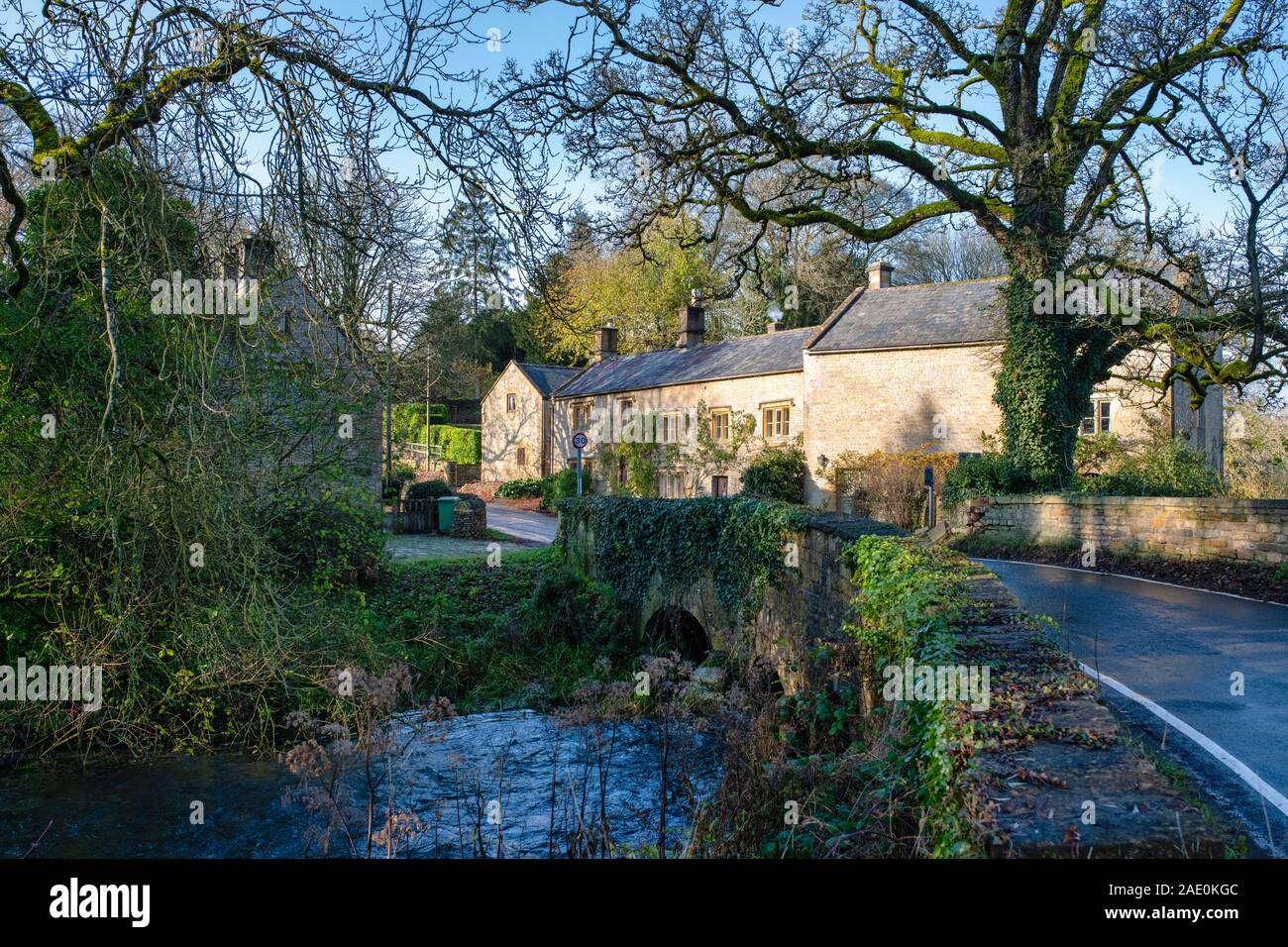 Morning november sunlight in Upper Swell. Upper Swell, Cotswolds ...