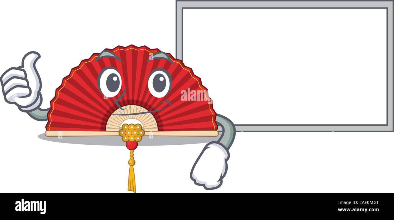 Chinese folding fan cute cartoon character Thumbs up with board Stock ...