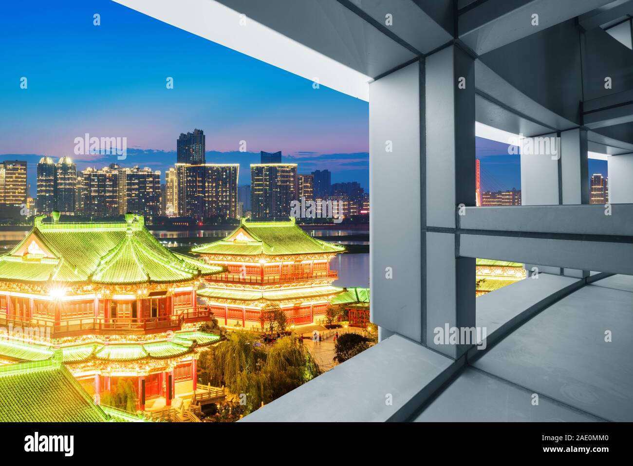A bird's eye view of the city night view outside the window Stock Photo ...
