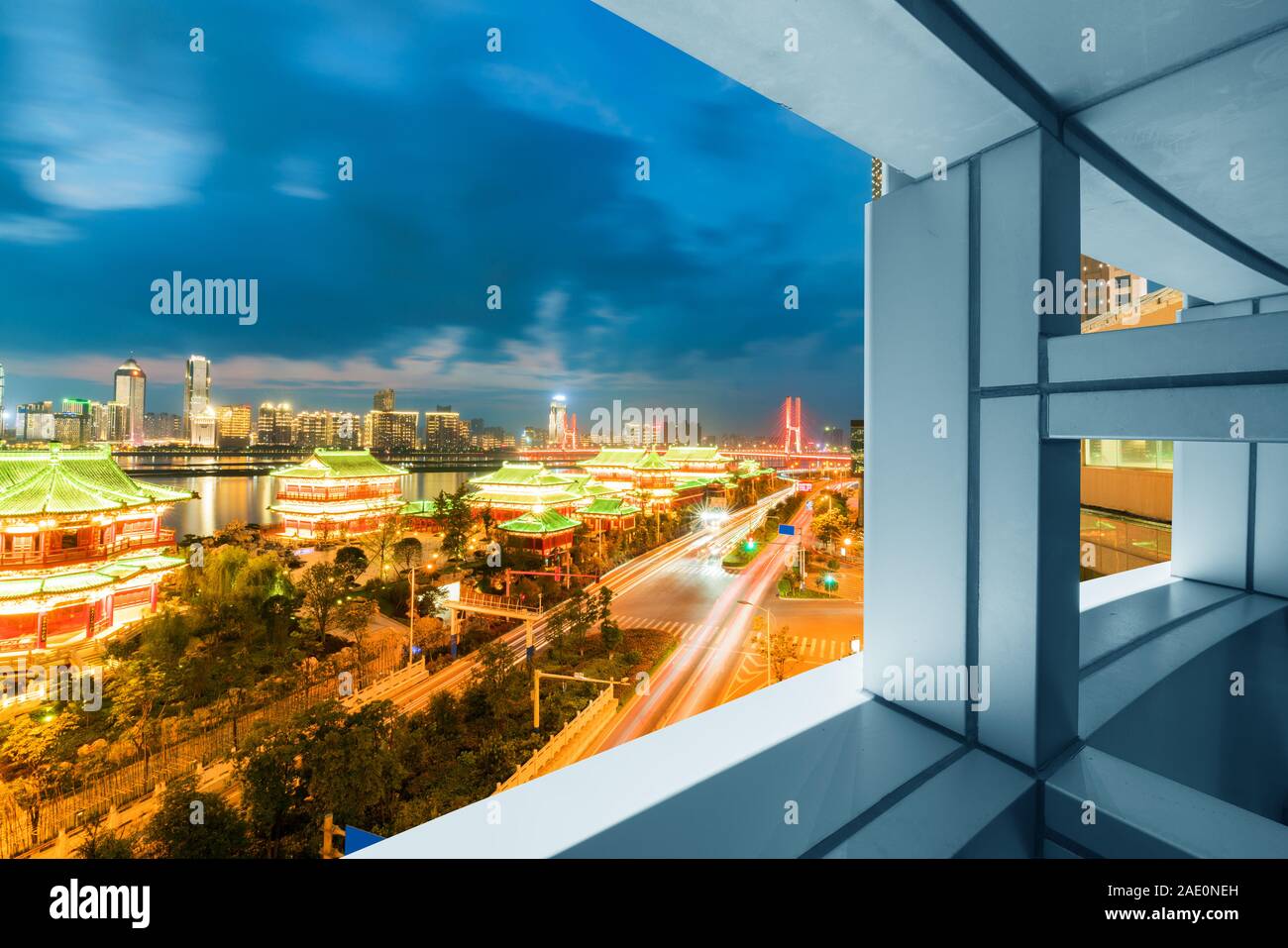 A bird's eye view of the city night view outside the window Stock Photo ...