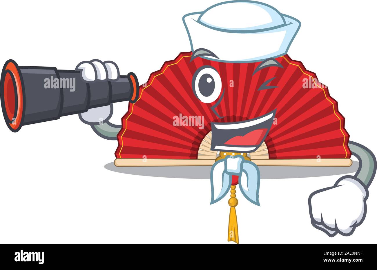 Smiling happy Sailor with binocular chinese folding fan cartoon design ...
