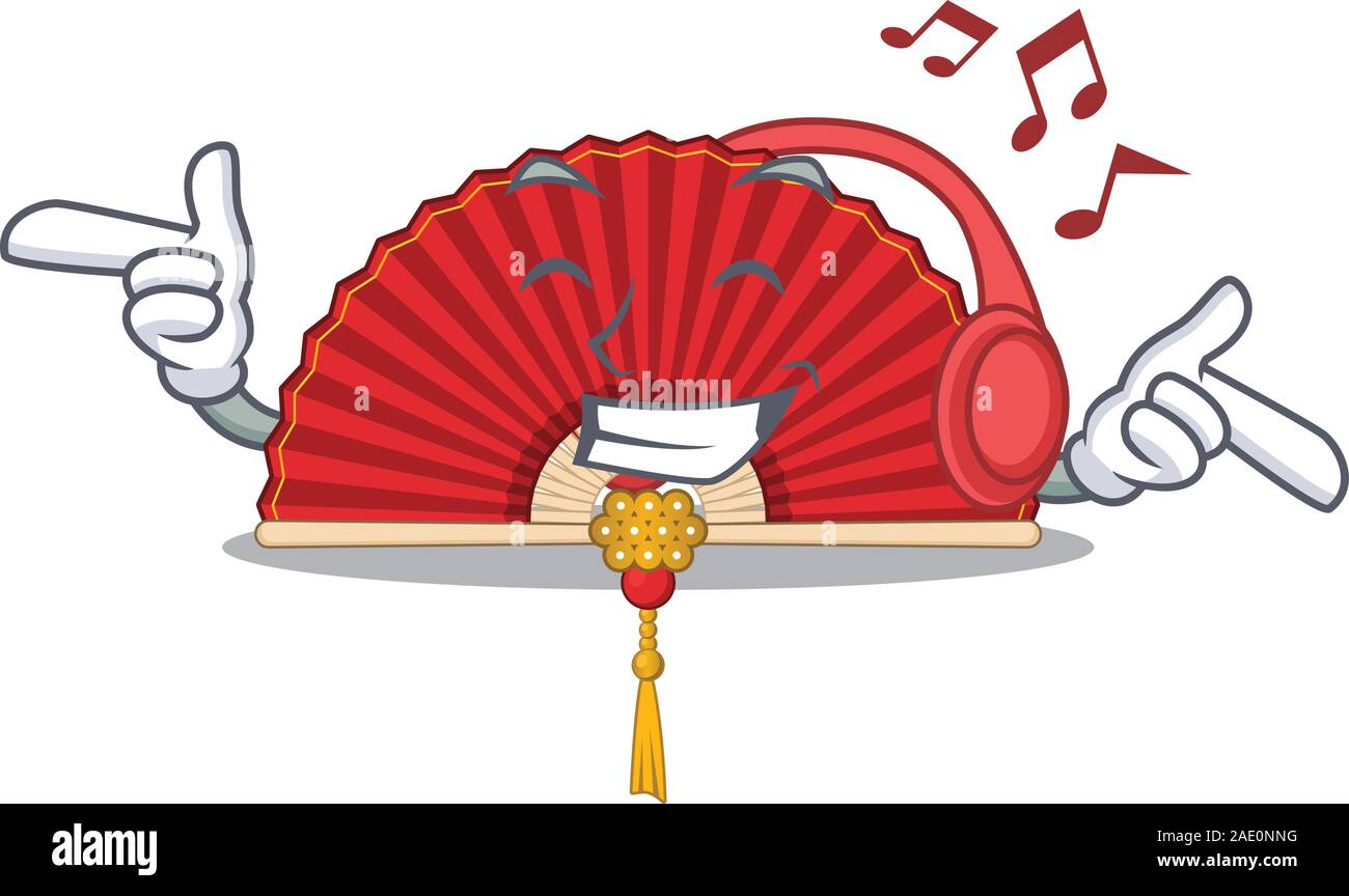 Listening music chinese folding fan mascot cartoon character design ...