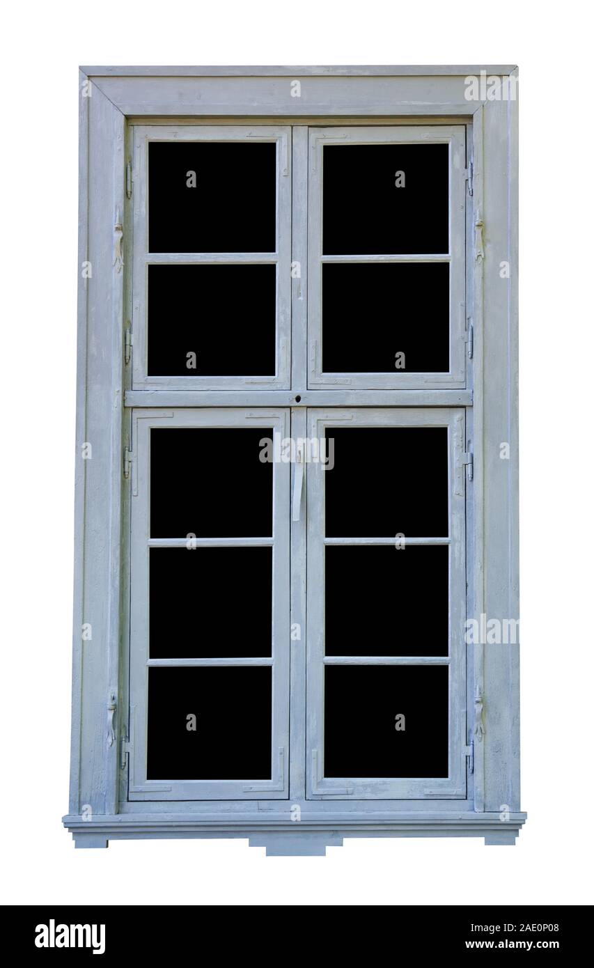 Old fashioned window of manor house isolated on black and white surface ...