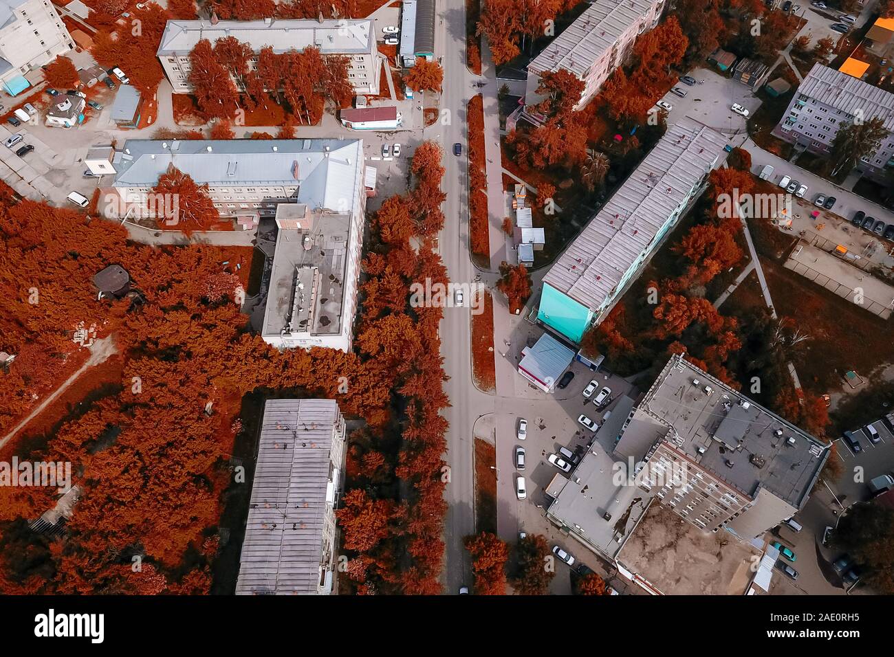 Aerial view of crossed road, crossroads, car traffic and crosswalk with ...