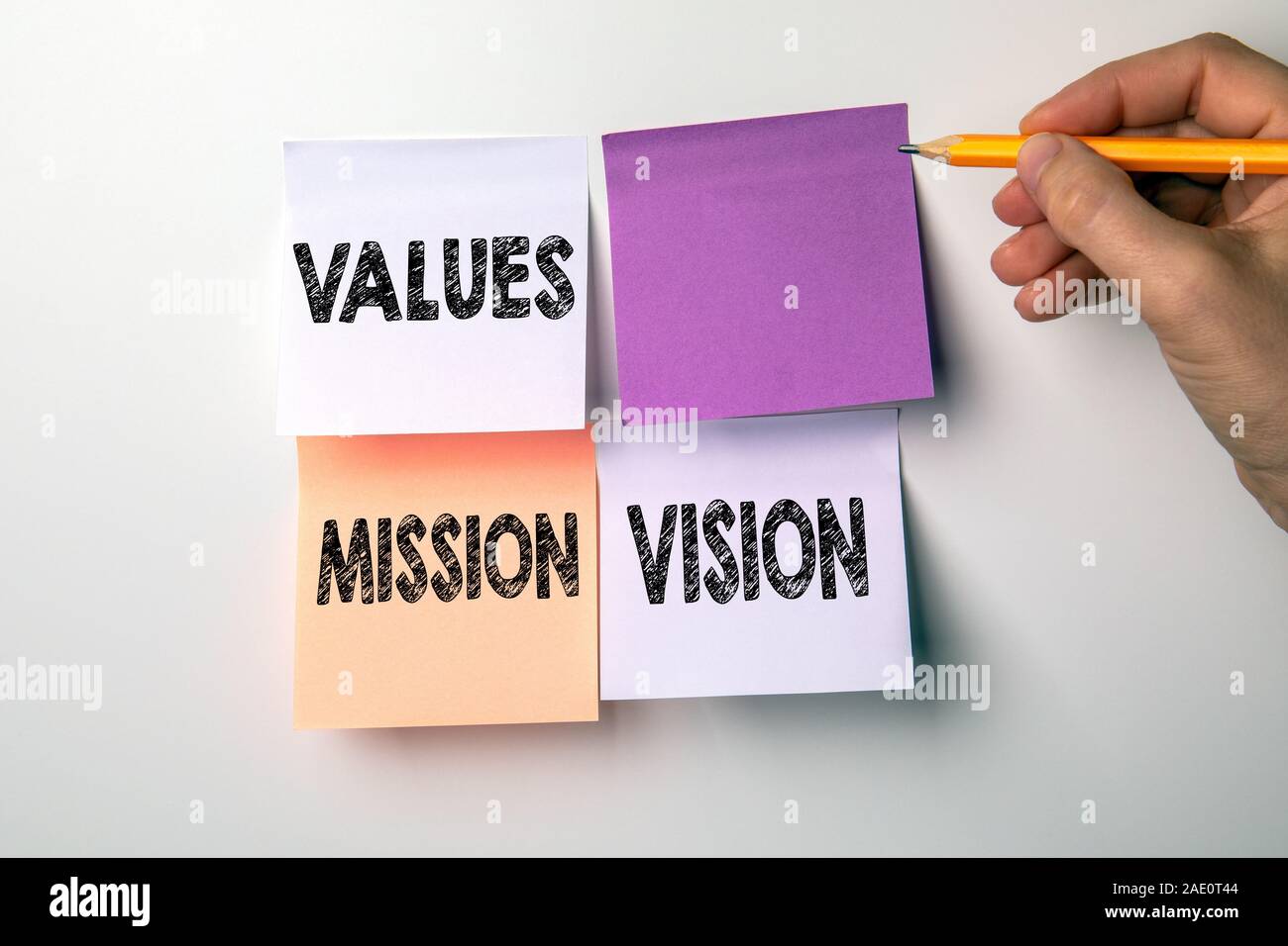 Values, Mission and Vision concept. Sticky notes on a white background ...
