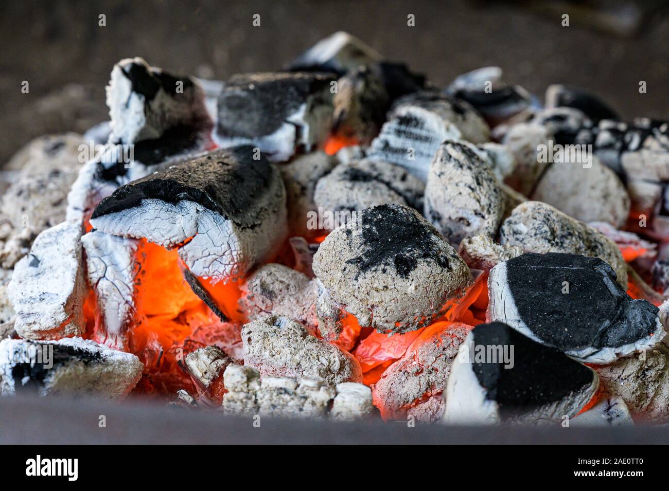 BBQ Grill Pit With Glowing And Flaming Hot Charcoal Briquettes coal ...