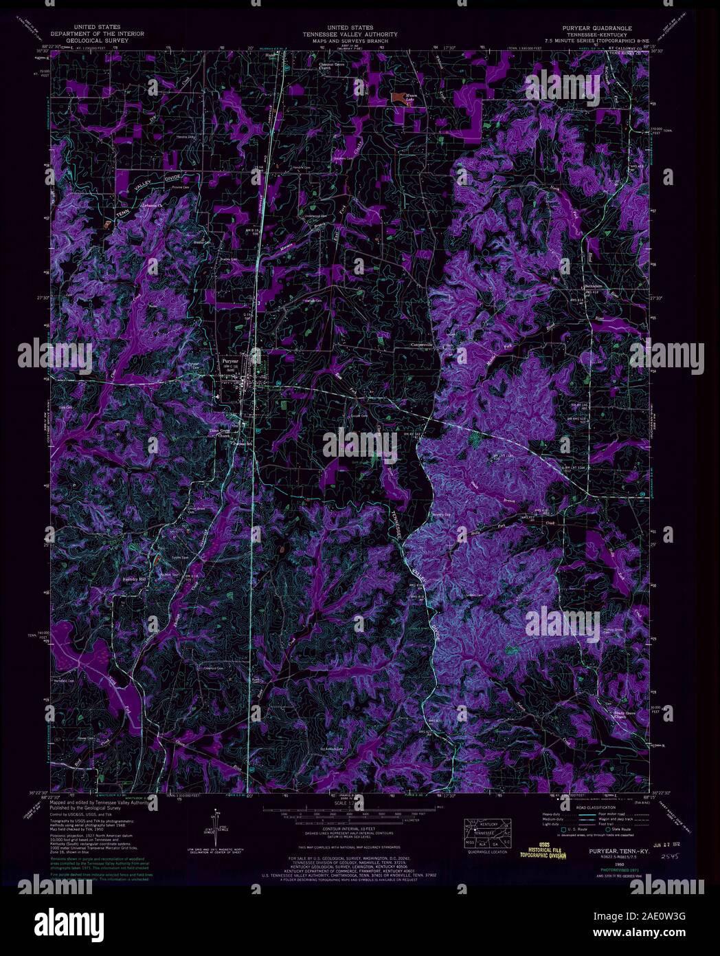 USGS TOPO Map Tennessee TN Puryear 155559 1950 24000 Inverted ...