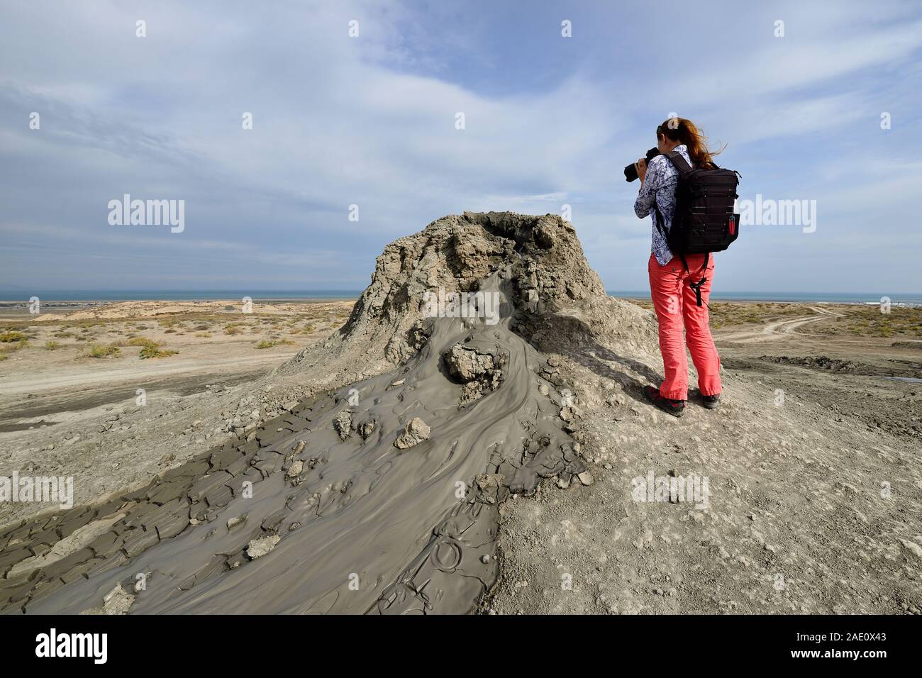 Azerbaijan,Tourist on the mud volcanoes of Gobustan near Baku Stock ...