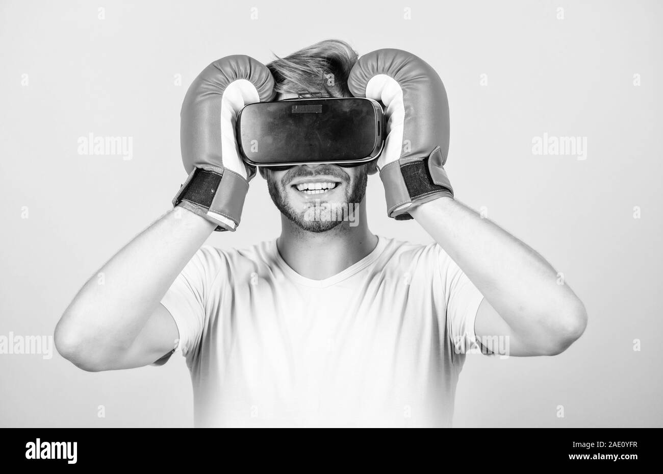 Sport. man use new technology. vr boxing. future innovation. modern ...