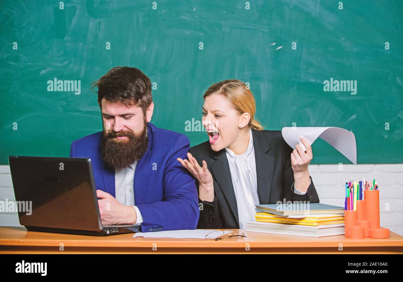 businessman and angry secretary. teacher and student on exam. back to ...