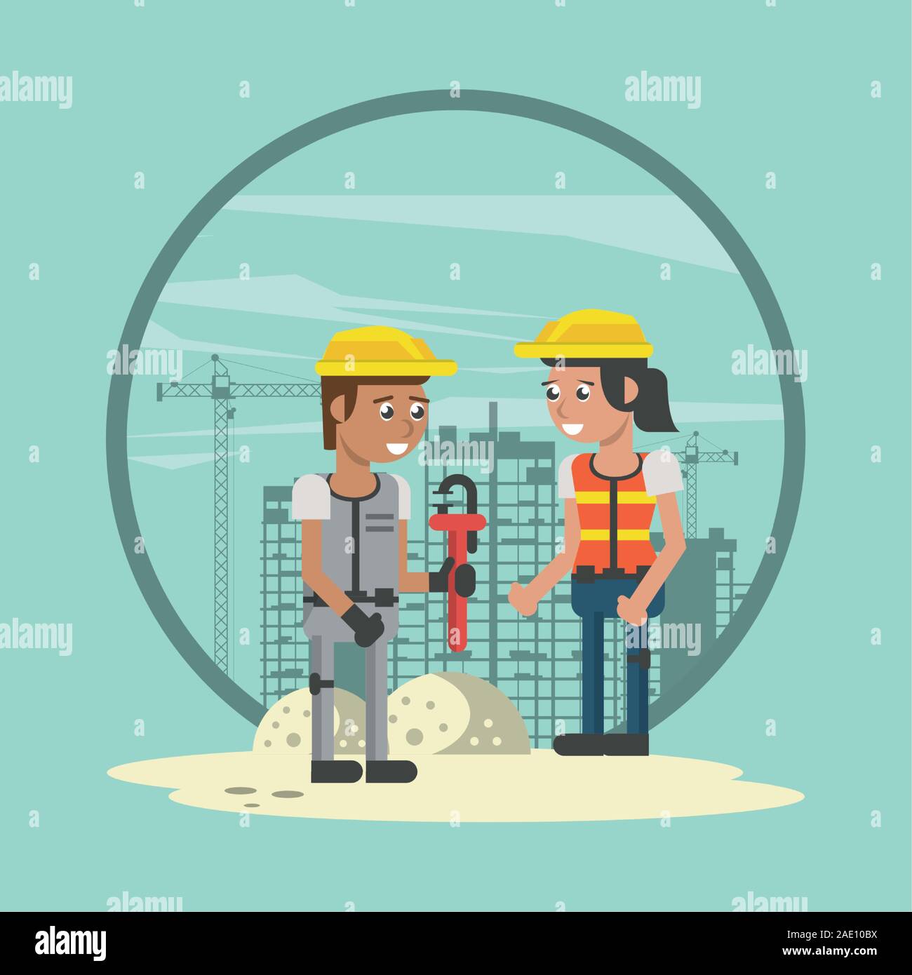 couple of builders working under construction scene Stock Vector Image ...