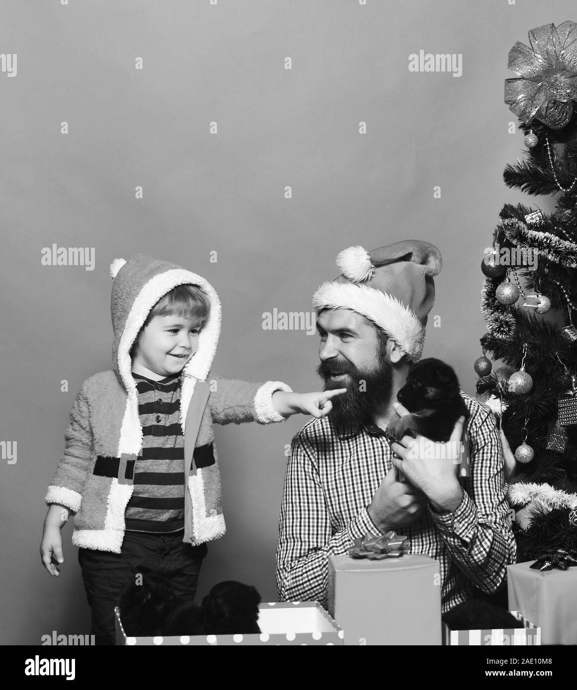 Father and son with happy faces unpack presents on red background. Pet ...