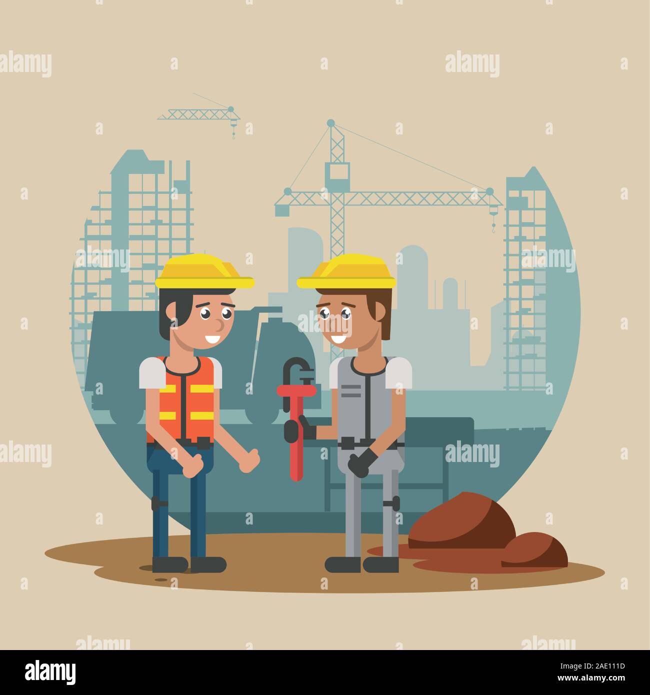 men builders working under construction scene Stock Vector Image & Art ...