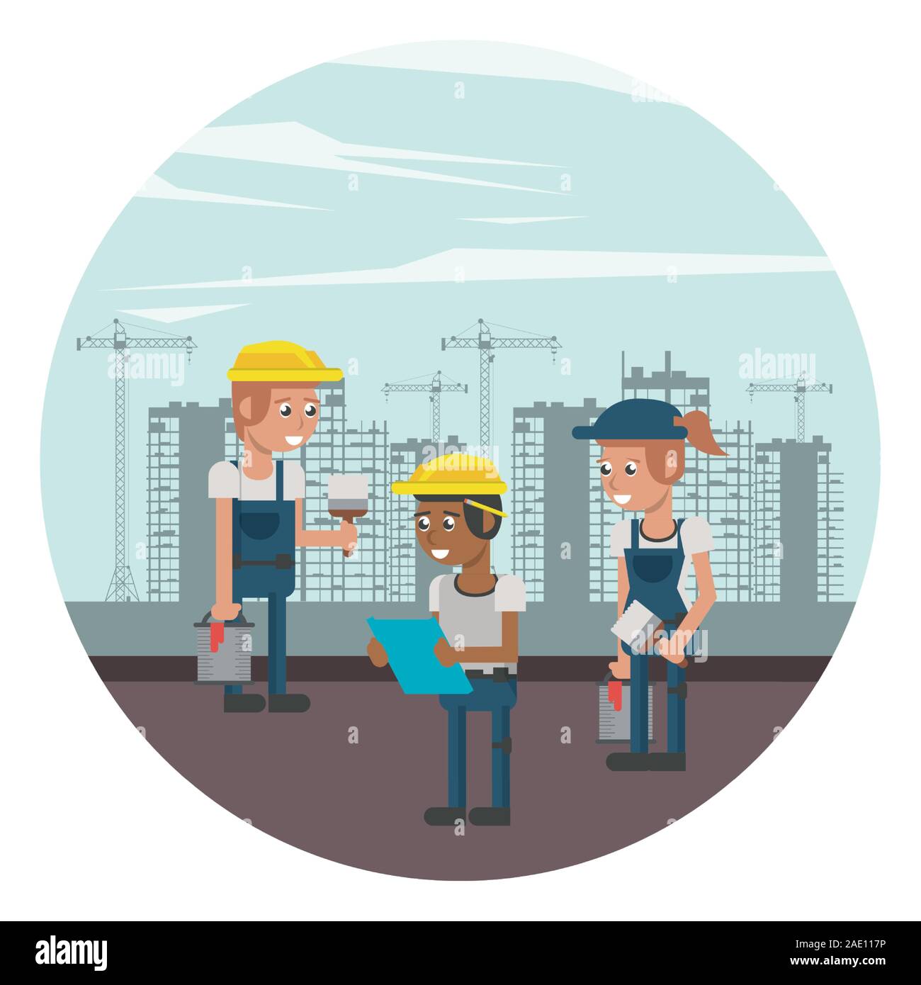 group of builders working under construction scene Stock Vector Image ...