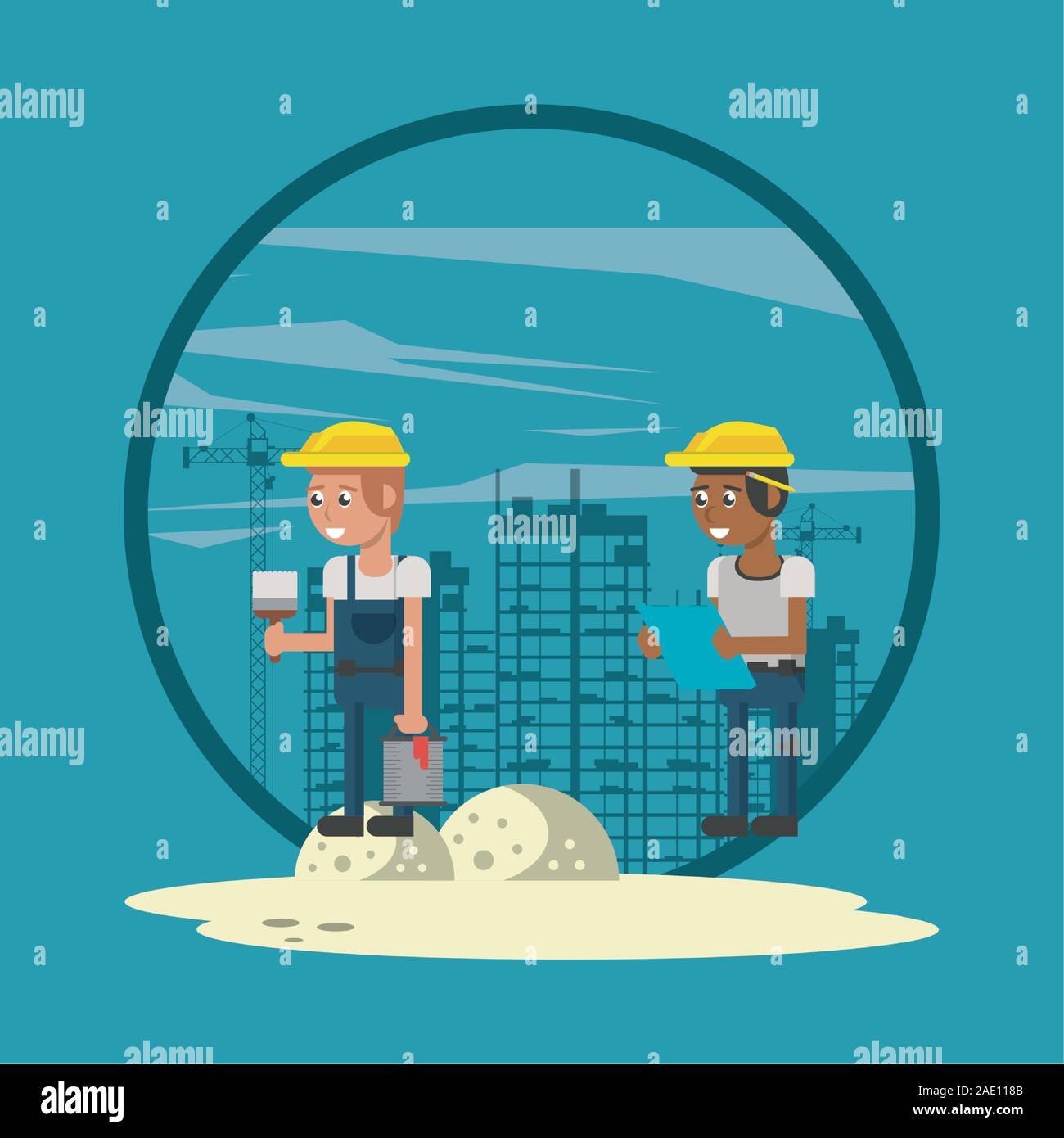men builders working under construction scene Stock Vector Image & Art ...